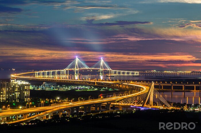 Poster Sunset van Incheon Bridge at Night, Seouth Korea. op maat - redro.nl